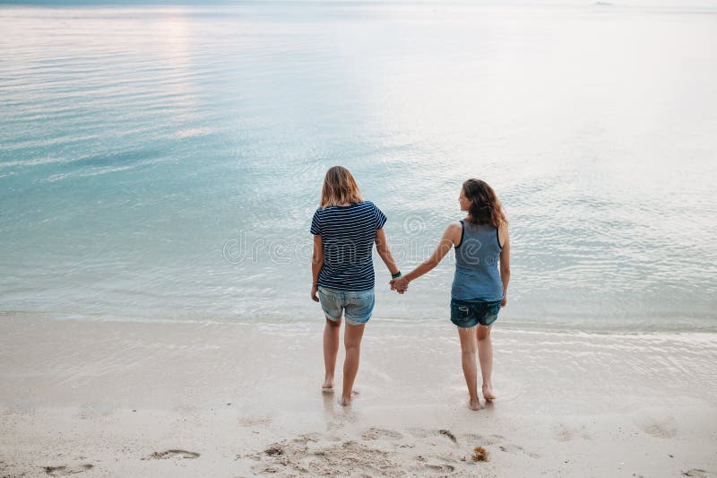 Two Girlfriends Hugging Each Other on the Beach Stock Photo - Image of ...