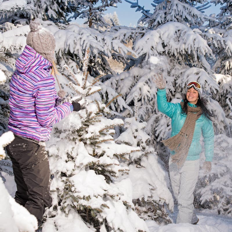 Two Girlfriends Throw Snow Balls Winter Forest Stock Photo - Image of ...