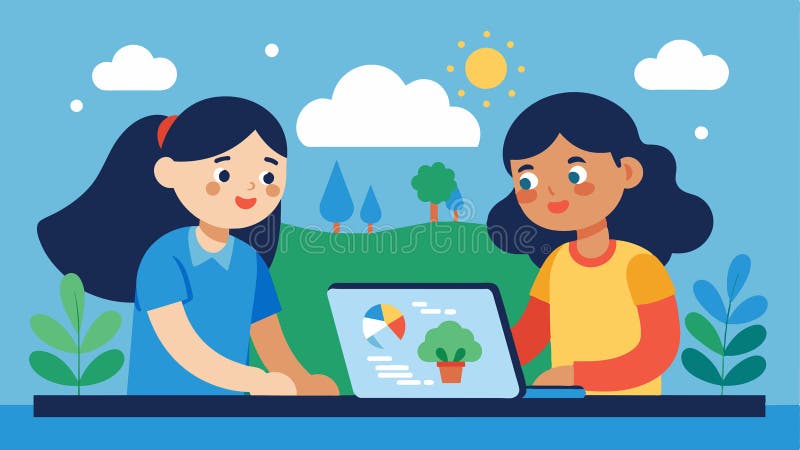 Two Girls Collaborating on a Computer Creating a Stopmotion Animation ...