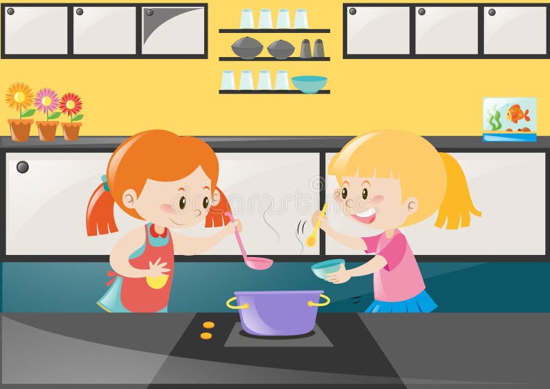 Two Girls Cooking Soup in Kitchen Stock Vector - Illustration of house ...