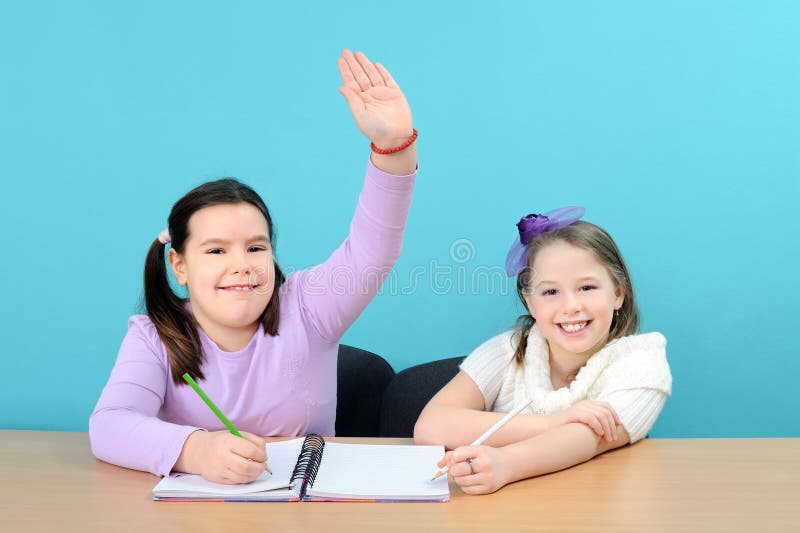 Three Happy Girls Doing Their School Work Stock Photo - Image of group ...
