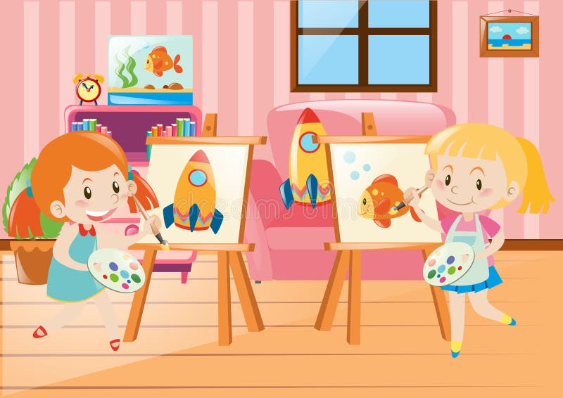 Two Girls Drawing on Canvas in Room Stock Vector - Illustration of ...