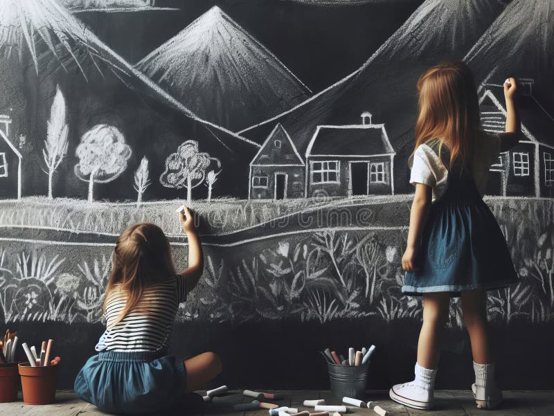 Two Girls Drawing with Chalk on a Blackboard Stock Illustration ...