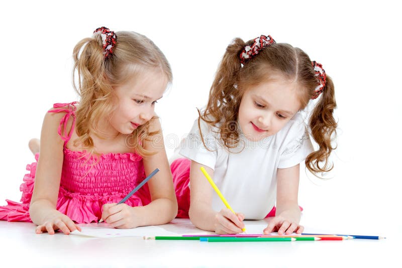 Two Girls Drawing with Color Pencils Stock Image - Image of emotion ...