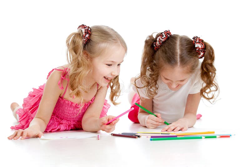 Two Girls Drawing with Color Pencils Together Stock Image - Image of ...