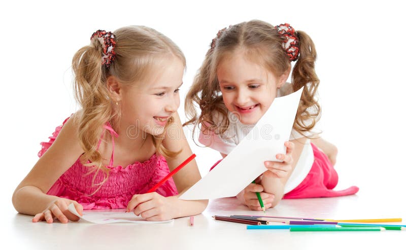 Two Girls Drawing with Color Pencils Together Stock Image - Image of ...