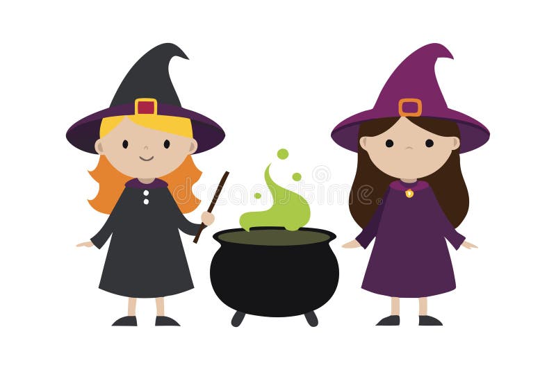 Two Girls Dressed As Witches with a Cauldron Stock Vector ...