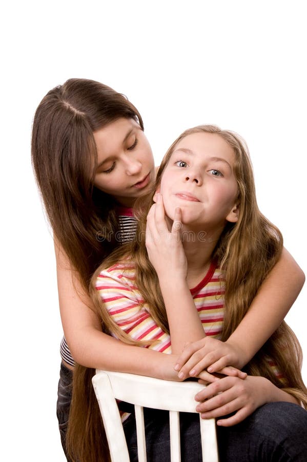 Two Girls Embracing Hands on White Stock Image - Image of caucasians ...