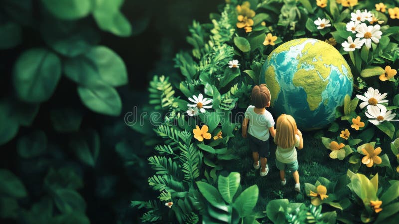 Two Girls Exploring a Miniature Earth Surrounded by Lush Greenery and ...