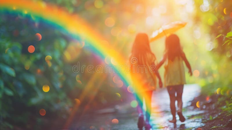 Two Girls Holding an Umbrella Walking Down a Path Under the Rainbow, AI Stock Photo - Image of ...