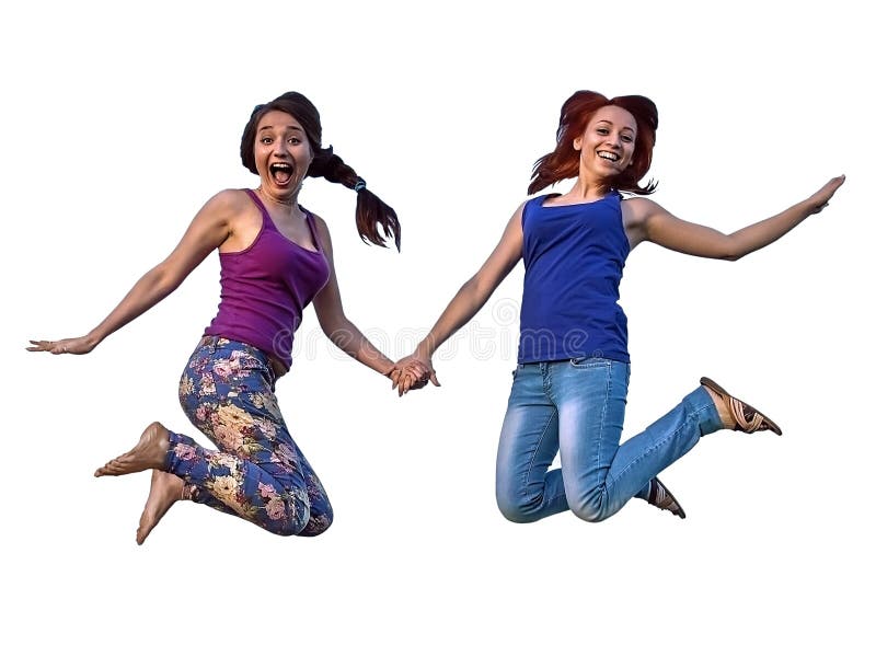 Two Girls Jumping in the Air Holding Hands Stock Photo - Image of ...