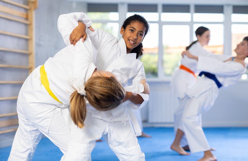 Two Girls Training Judo Techniques in Studio Stock Photo - Image of ...