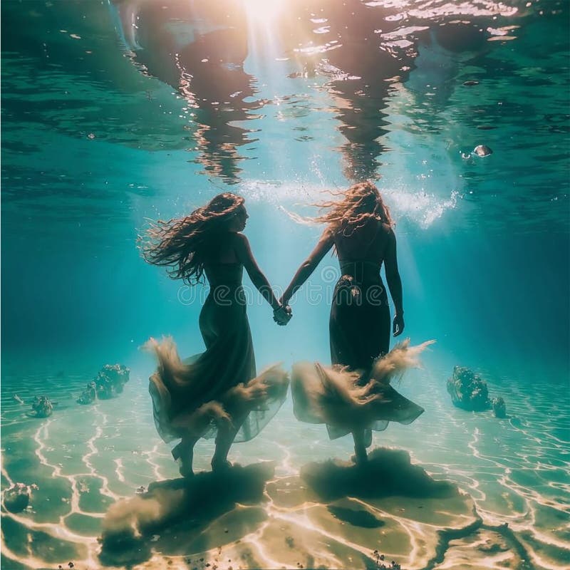 Two Girls are Walking Underwater Stock Illustration - Illustration of ...