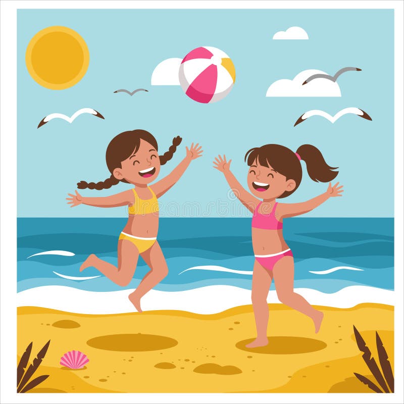 Two Girls Playing Beach Ball, One Jumping To Catch the Ball, Fun Summer ...
