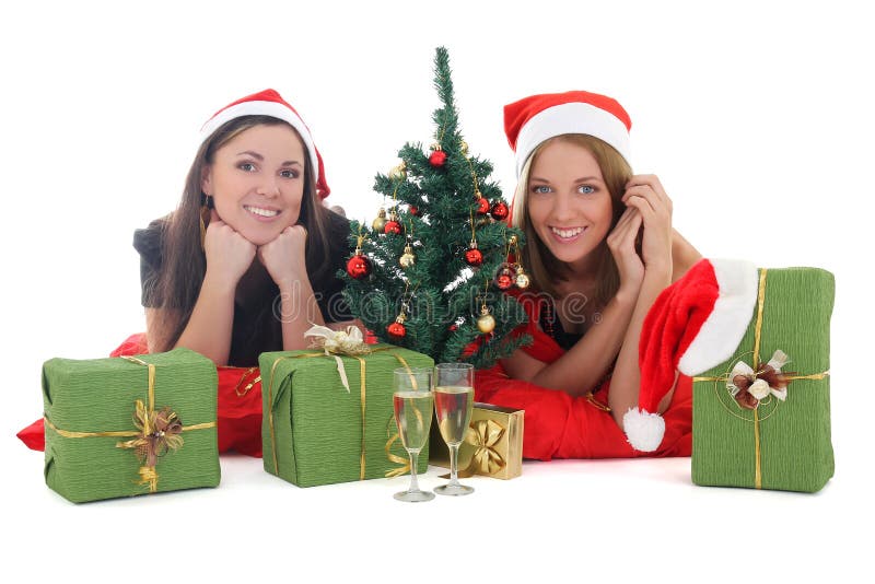 Two Girls in Santa Hats with Presents Stock Image - Image of friendship ...