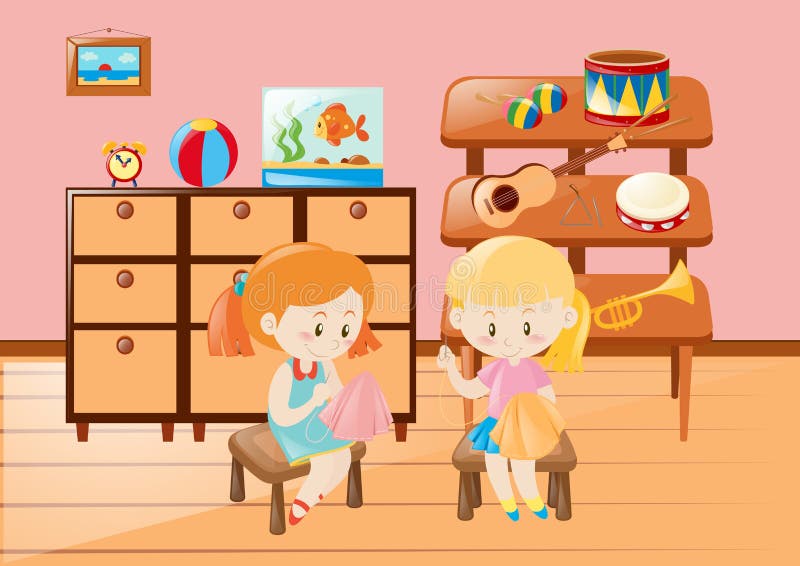 Two Girls Sewing Cloth in the Room Stock Vector - Illustration of ...