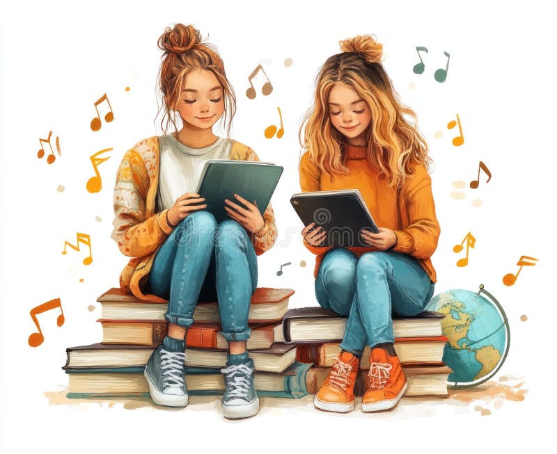 Two Girls Sitting on Books Reading Digital Tablets Illustration Stock ...