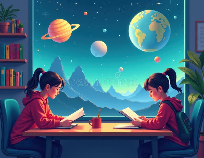 Two Girls Studying with Space View - Dreamy Illustration Stock ...