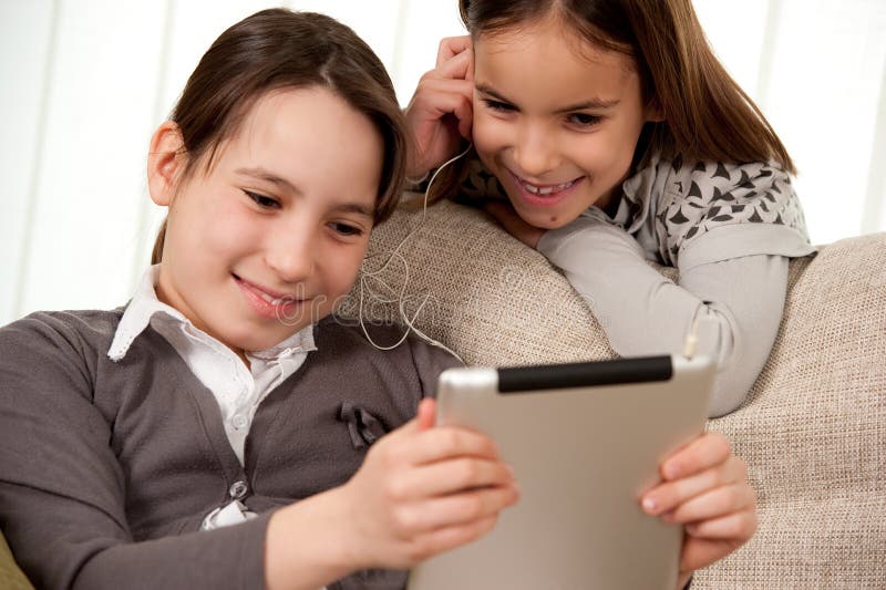 Two Girls with Touch Tablet Computer Stock Image - Image of student ...