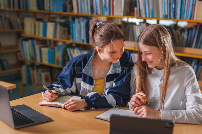Two Girls Using a Laptop during Online Lessons in the Library Stock ...