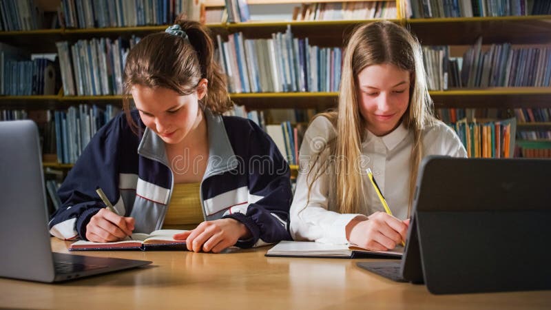 Two Girls Using a Laptop during Online Lessons in the Library Stock ...