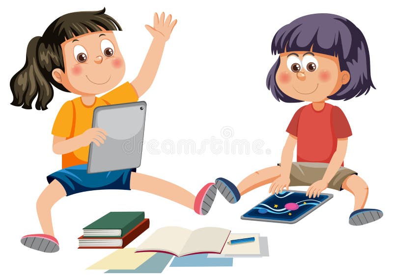 Two Girls Using Tablet for Online Learning Stock Vector - Illustration ...