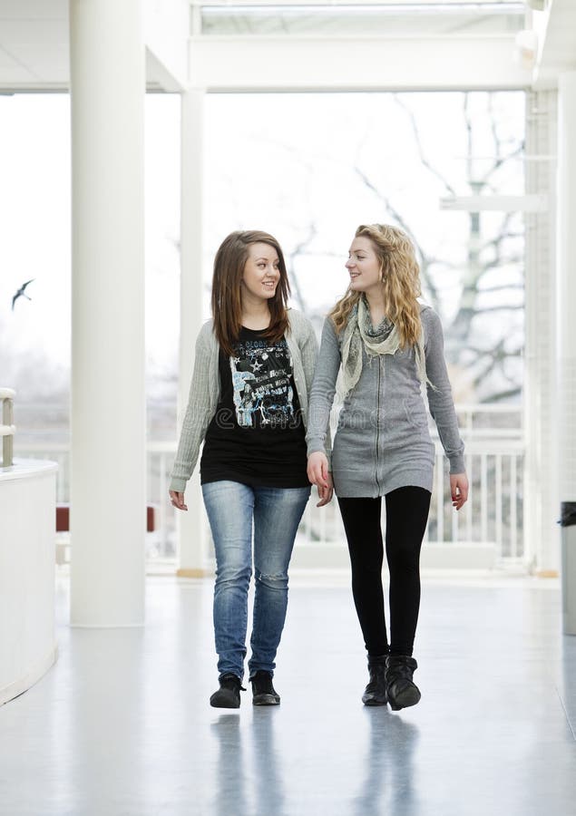 Two girls walking stock photo. Image of talk, friend, brunette - 9224916
