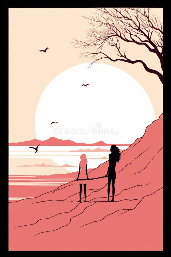 Two Girls Walking on the Beach at Sunset Stock Illustration ...