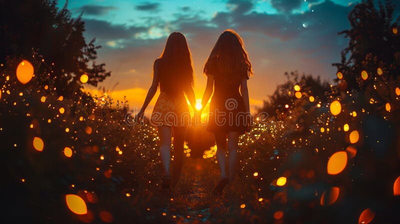Two Girls Walking in a Field at Sunset Stock Photo - Image of girls ...