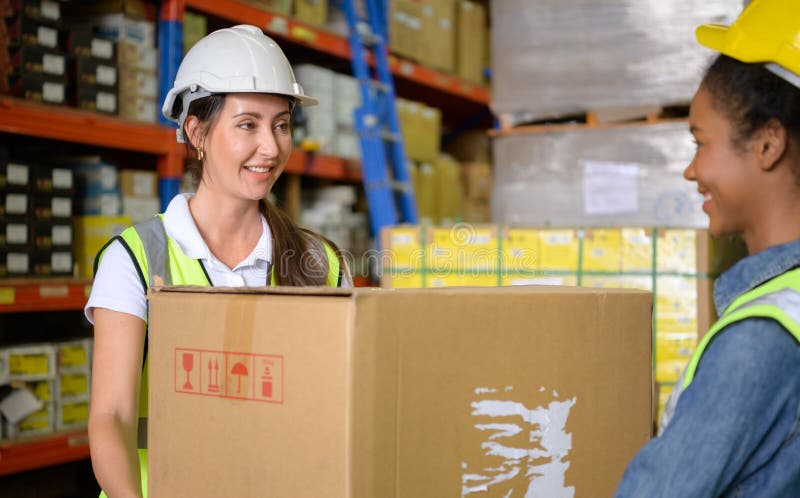 Two Girls Warehouse Workers Help Each Other Lift Heavy Boxes Stock ...