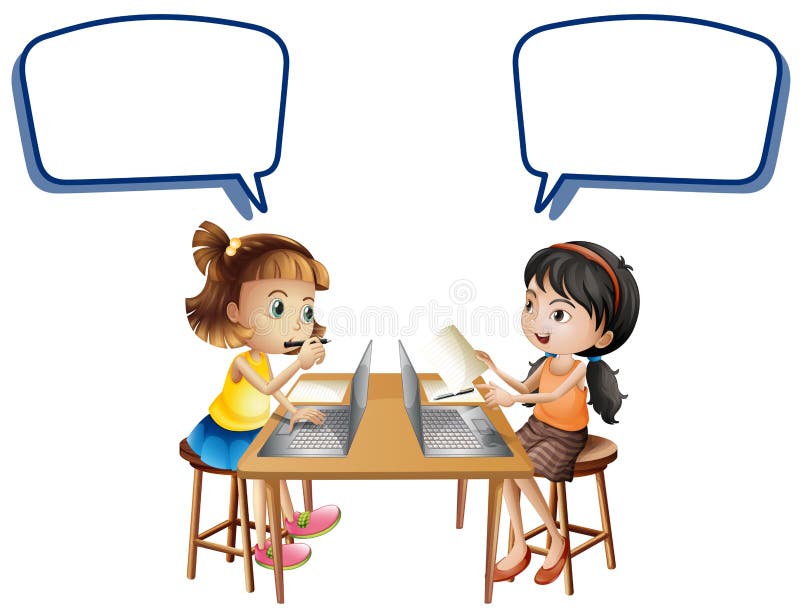 Two Girls Working on Computers with Speech Bubbles Stock Vector ...