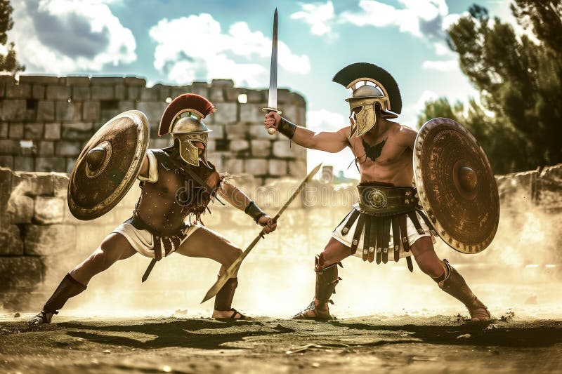Two Gladiators in Combat Poses with Swords and Shields Stock Image ...