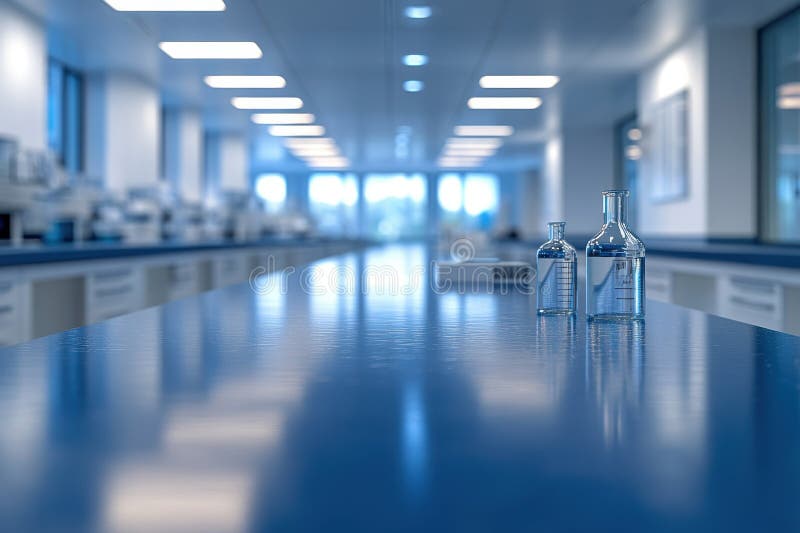 Modern Laboratory Interior with Glass Containers on the Blue Countertop ...