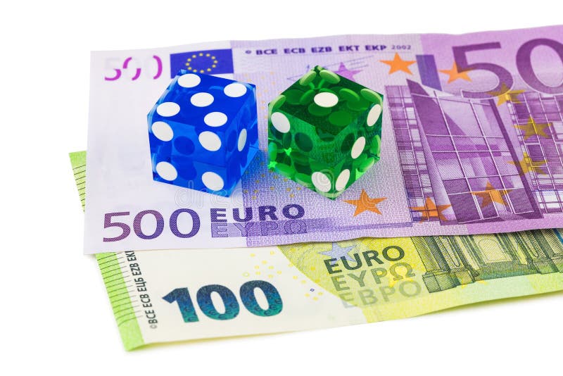 Two Glass Dice Lie on 500 and 100 Euro Banknotes. Stock Image - Image ...