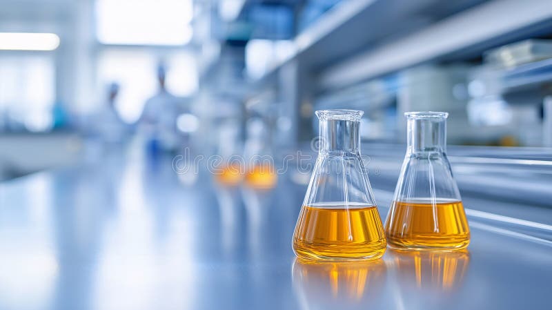Laboratory Flasks with Yellow Liquid on a Shiny Surface Science ...
