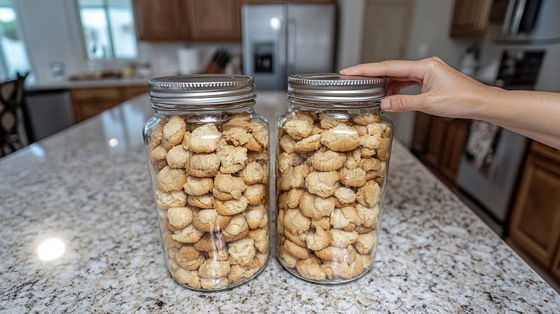 Two Glass Jars Filled with Small Cookies. Hand Reaching for a Lid Stock ...