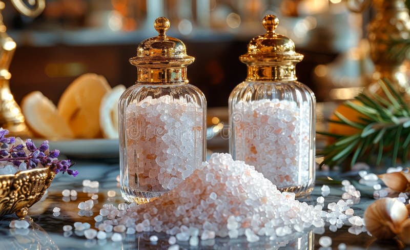 Two Glass Jars with Sea Salt on Table in Spa Stock Photo - Image of ...