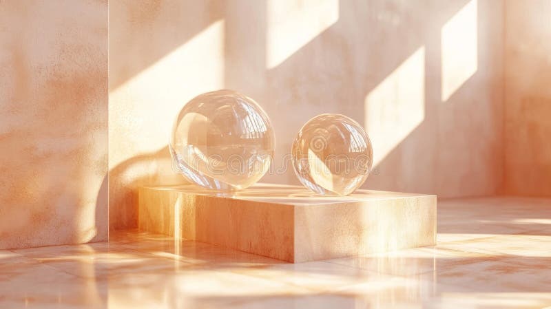 Two Glass Spheres on Beige Stone Cubes in Warm Sunlight Stock ...
