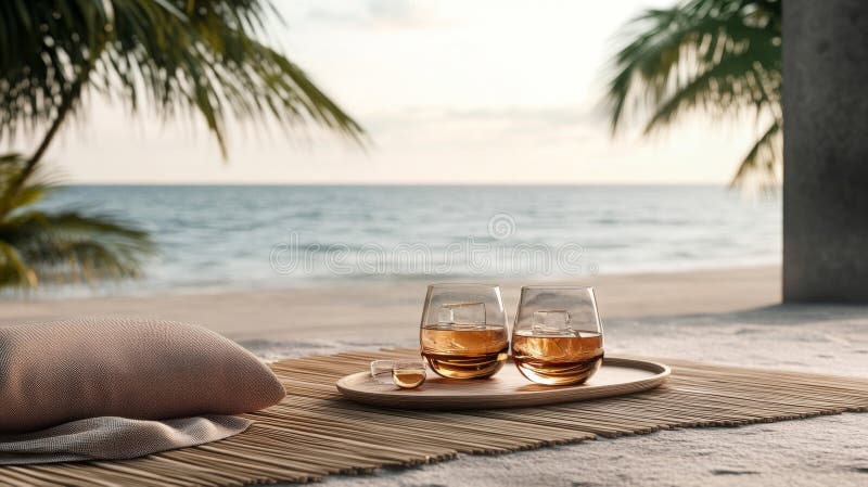 Two Glasses of Amber Liquid on a Beach at Sunset Stock Illustration ...