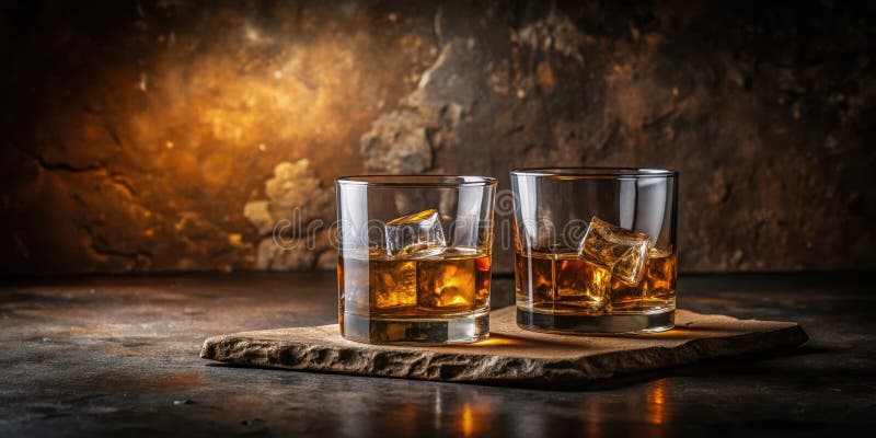 Two Glasses of Amber Spirit with Ice Cubes Resting on Rustic Stone ...
