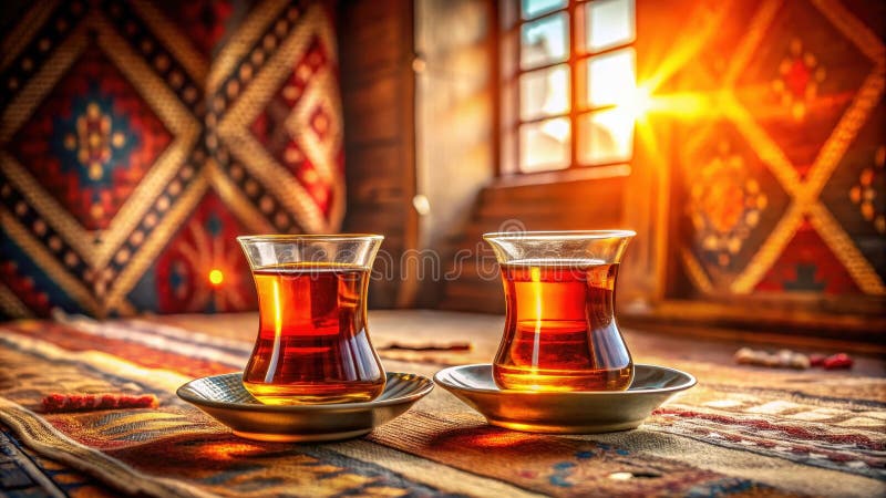 Two Glasses of Amber Tea on a Patterned Surface Bathed in Warm Sunlight ...