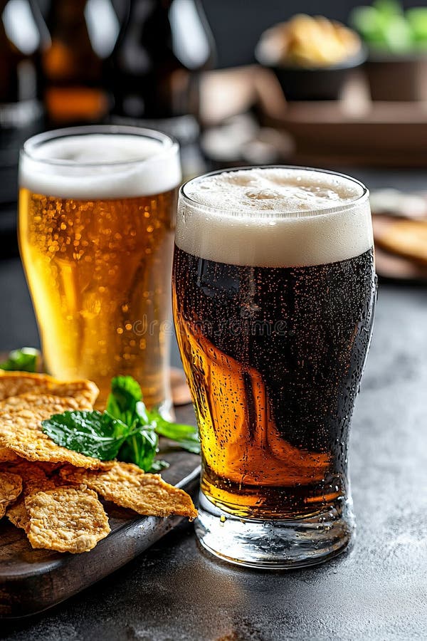 Two Glasses of Beer and Chips on a Table Stock Image - Image of grey ...