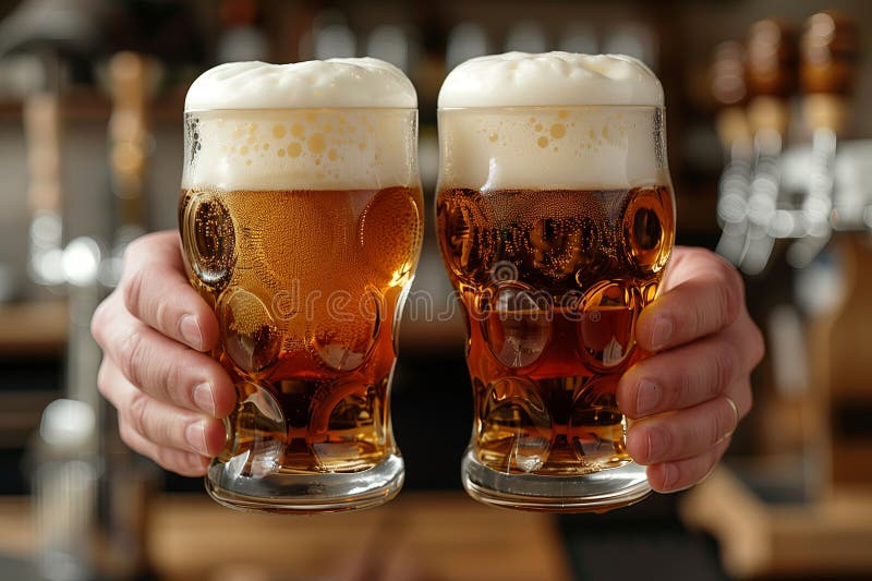 Two Glasses of Beer in the Hands of a Barman Close-up Stock Photo ...