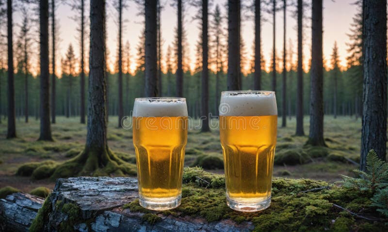 Two Glasses of Beer Sit on a Log in a Forest at Sunset Stock Photo ...