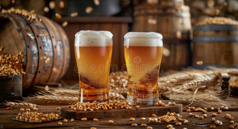Two Glasses of Beer on a Wooden Table Stock Image - Image of alcohol ...