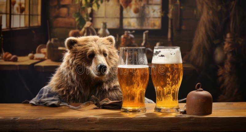 Two Glasses of Beer on a Wooden Table in a Pub. Bear with Light Beer ...