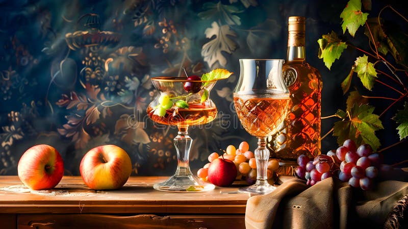 Two Glasses and a Bottle of Brandy Surrounded by Fresh Fruit a Tempting ...