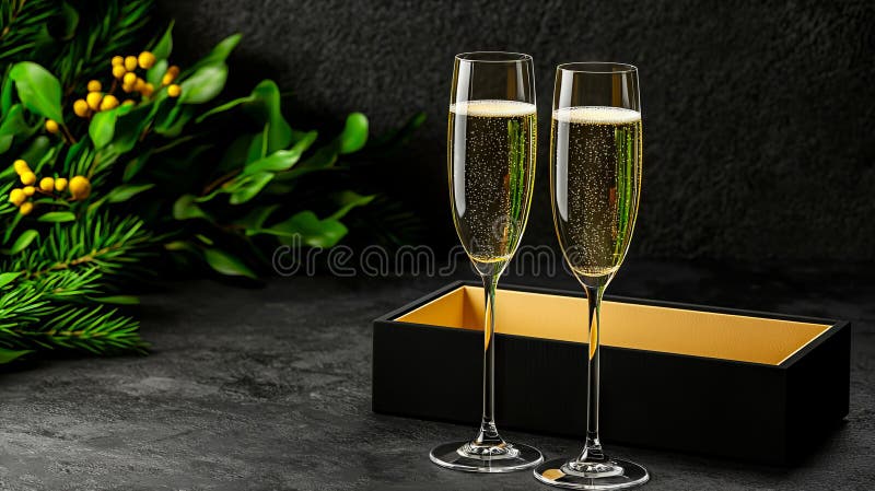 Two Glasses of Champagne in Front of a Black Box Stock Photo - Image of ...