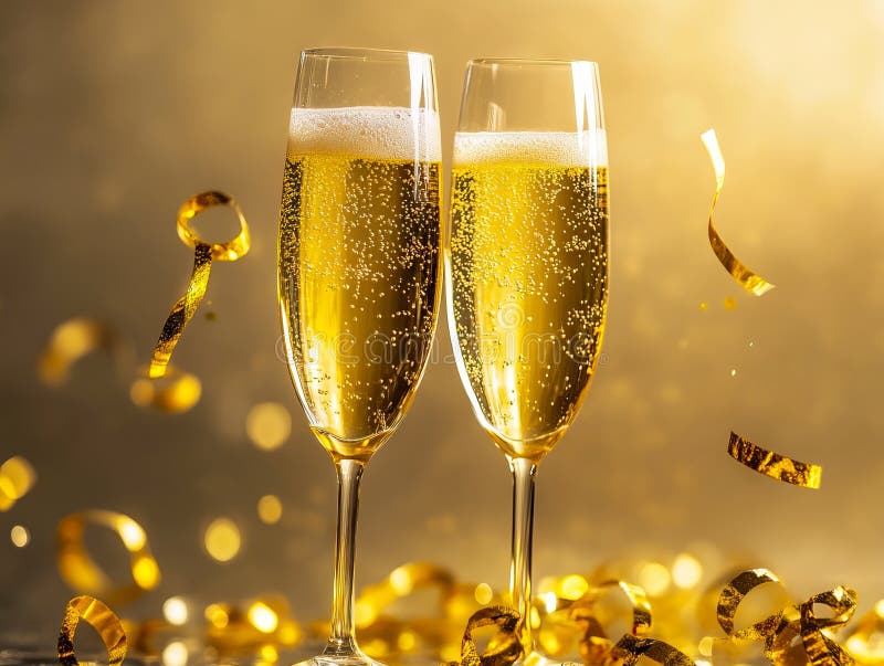 Two Glasses of Champagne with Gold Confetti and Streamers Stock Image ...