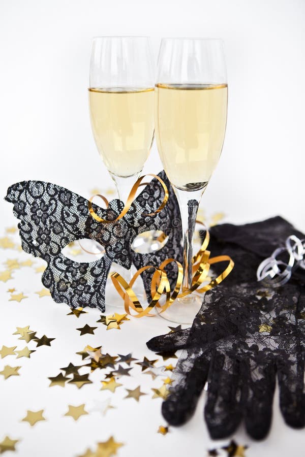 Two Glasses of Champagne and a Mask Stock Photo - Image of ribbon ...